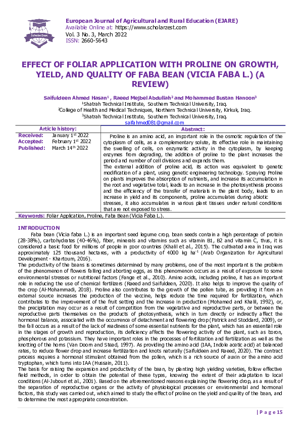 (PDF) Effect of Foliar Application With Proline on Growth, Yield, and Quality of Faba Bean ...