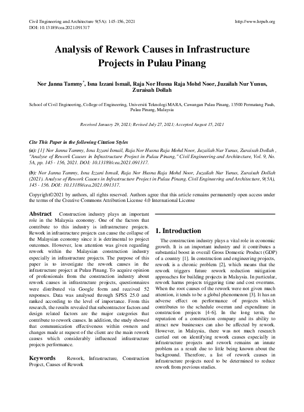 (PDF) Analysis of Rework Causes in Infrastructure Projects in Pulau Pinang