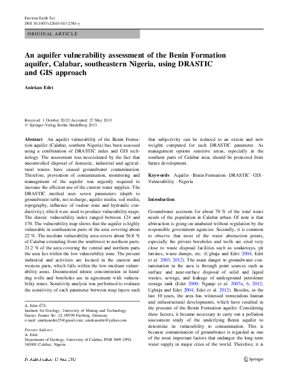 (PDF) An aquifer vulnerability assessment of the Benin Formation aquifer, Calabar, southeastern ...