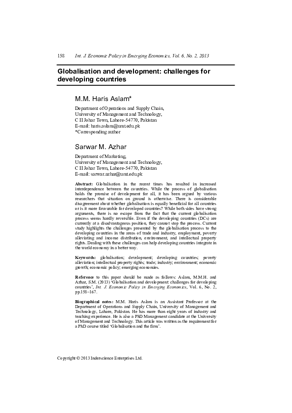 (PDF) Globalisation and development: challenges for developing countries