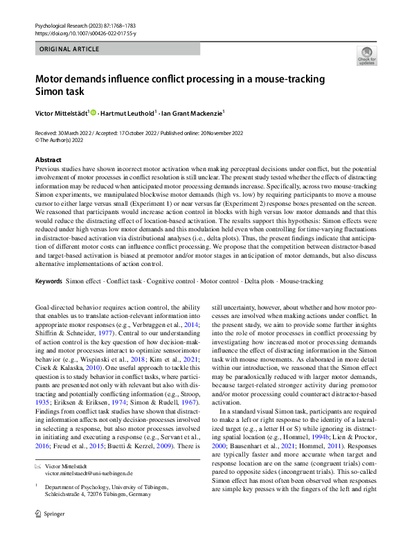 (PDF) Motor demands influence conflict processing in a mouse-tracking ...