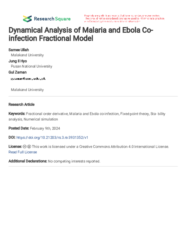(PDF) Dynamical Analysis of Malaria and Ebola Co-infection Fractional Model