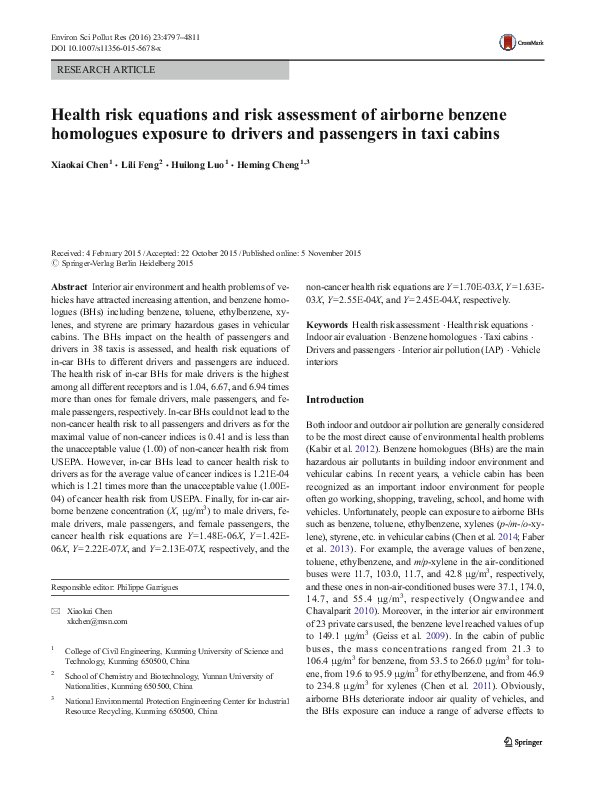 (PDF) Health risk equations and risk assessment of airborne benzene ...
