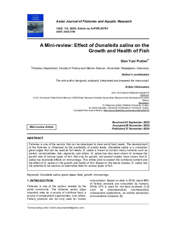 (PDF) A Mini-review: Effect of Dunaliella salina on the Growth and ...