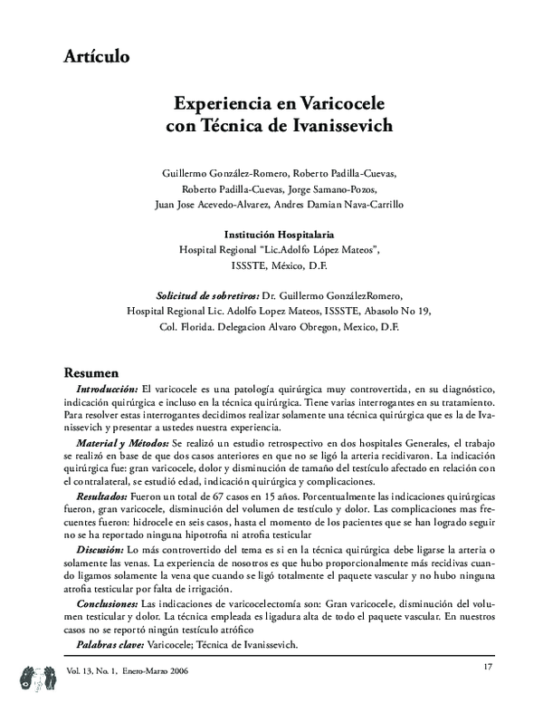 (PDF) Experiencia en Varicocele con Técnica de Ivanissevich