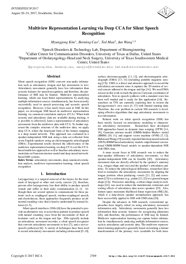 (PDF) Multiview Representation Learning via Deep CCA for Silent Speech Recognition