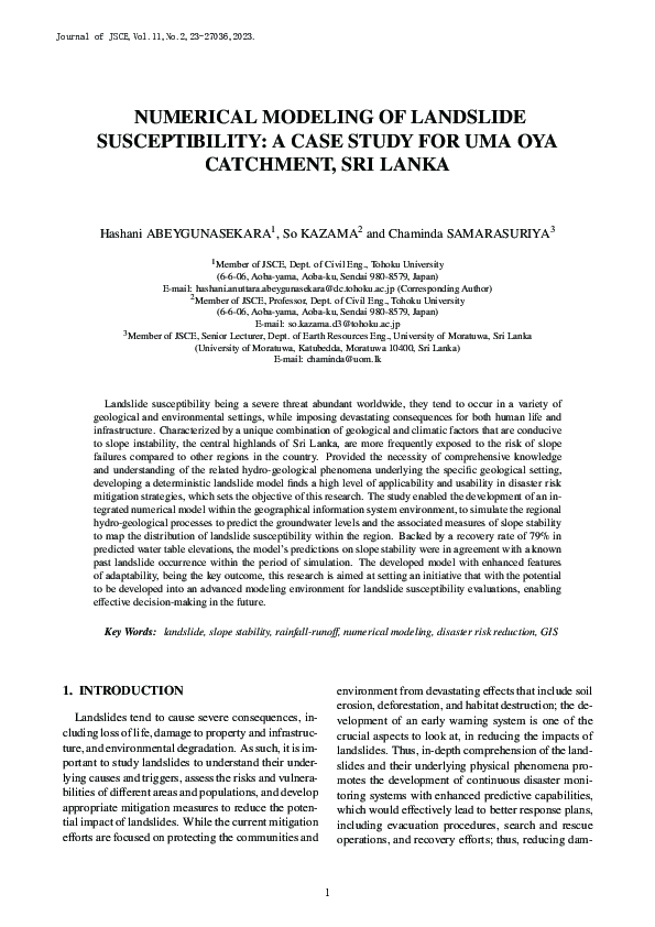 (PDF) Numerical Modeling of Landslide Susceptibility: A Case Study for Uma Oya Catchment, Sri Lanka