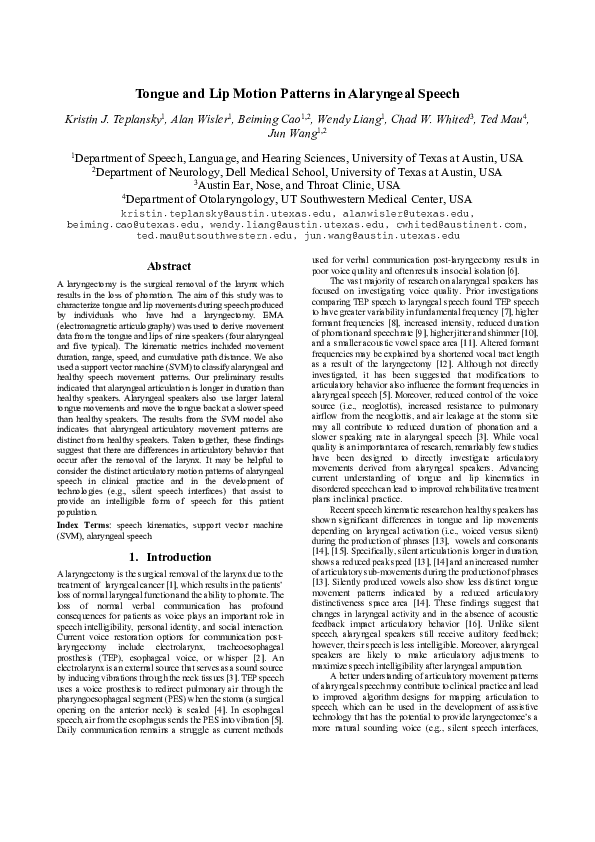 (PDF) Tongue and Lip Motion Patterns in Alaryngeal Speech