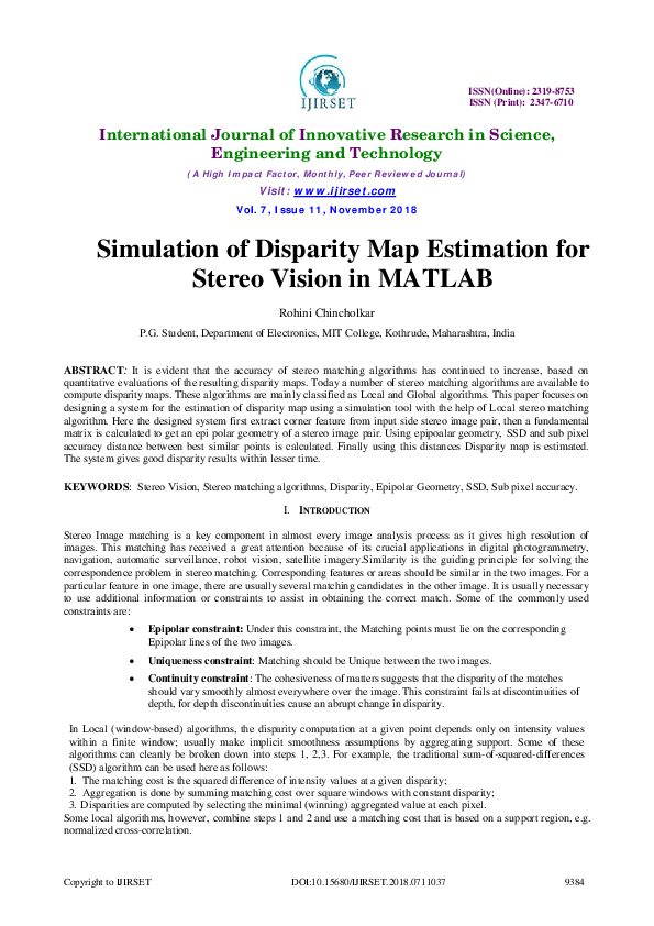 Pdf Simulation Of Disparity Map Estimation For Stereo Vision In Matlab