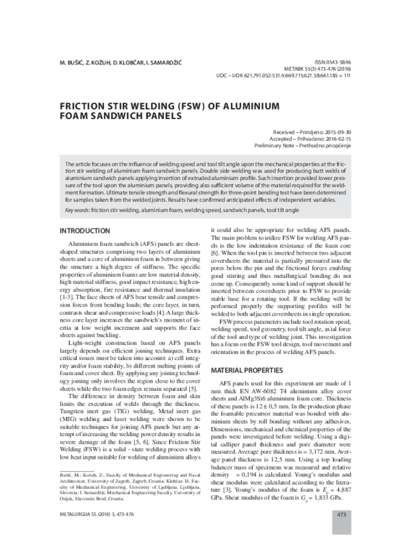 (PDF) Friction stir welding (FSW) of aluminium foam sandwich panels