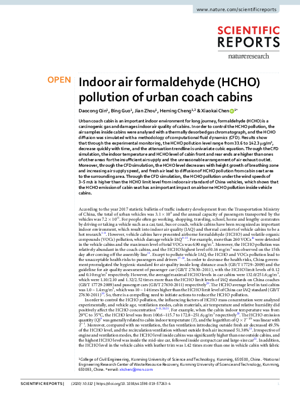 (PDF) Indoor air formaldehyde (HCHO) pollution of urban coach cabins