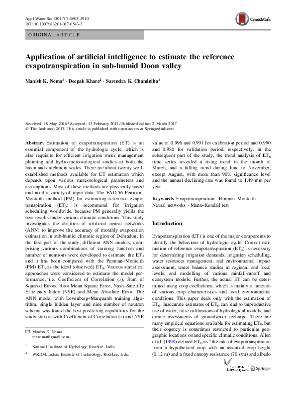 (PDF) Application of artificial intelligence to estimate the reference evapotranspiration in sub ...