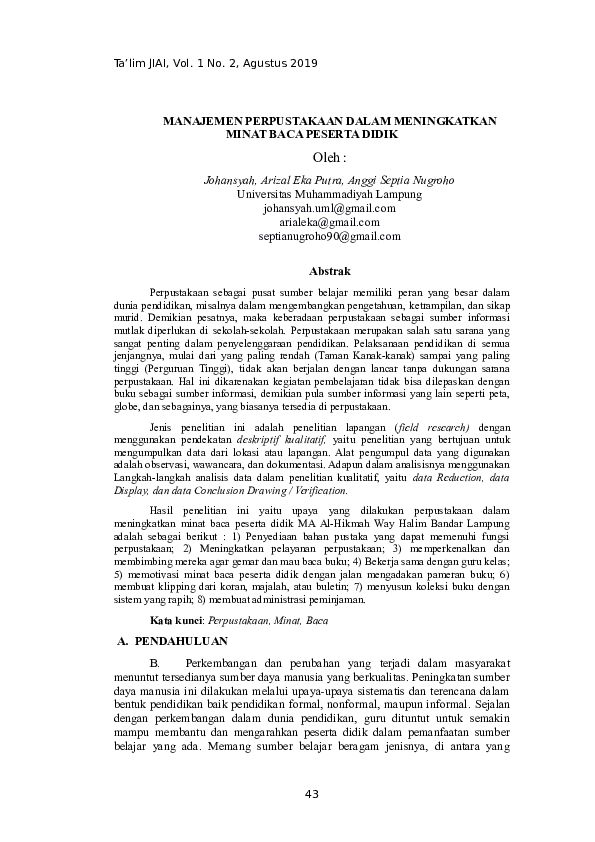 (PDF) Manajemen Perpustakaan Dalam Meningkatkan Minat Baca Peserta Didik