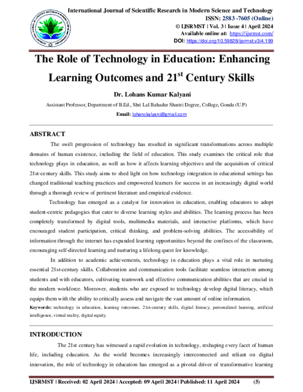(PDF) The Role of Technology in Education: Enhancing Learning Outcomes ...