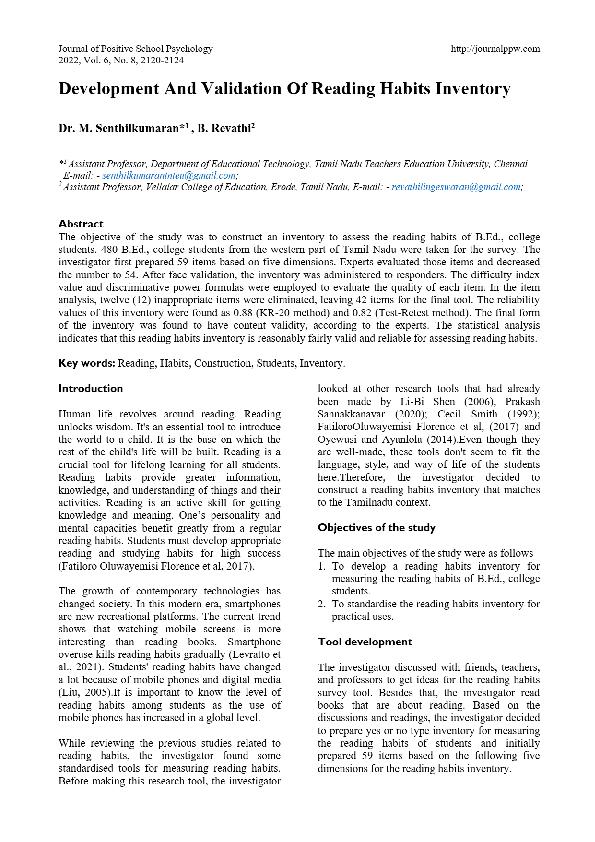 (PDF) Development And Validation Of Reading Habits Inventory