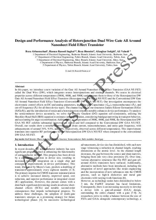 (PDF) Design and Performance Analysis of Heterojunction Dual Wire Gate All Around Nanosheet ...