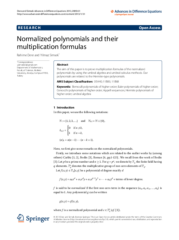 (PDF) Normalized polynomials and their multiplication formulas