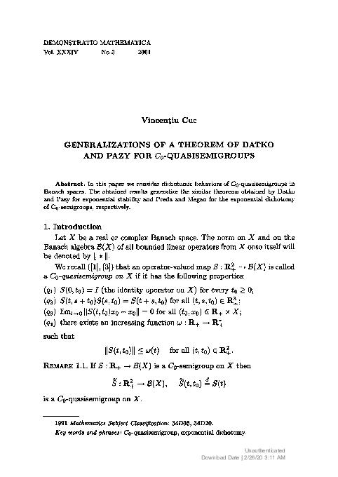 (PDF) Generalizations of a Theorem of Datko and Pazy for C0-QUASISEMIGROUPS