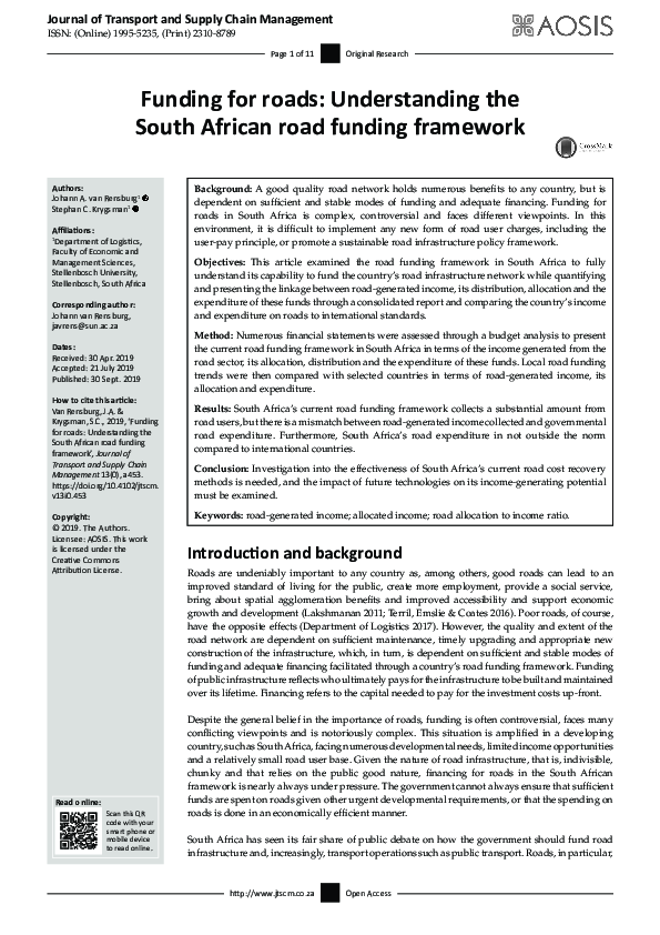(PDF) Funding for roads: Understanding the South African road funding ...