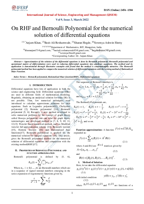 (PDF) On RHF and Bernoulli Polynomial for the numerical solution of differential equations