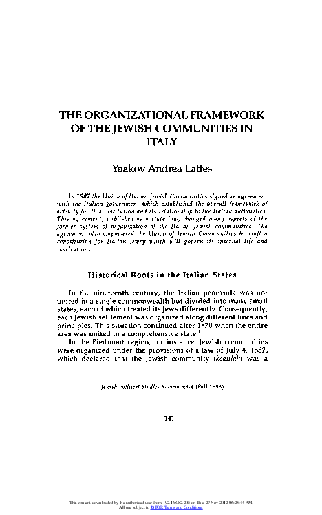 (PDF) The Organizational Framework of the Jewish Communities in Italy