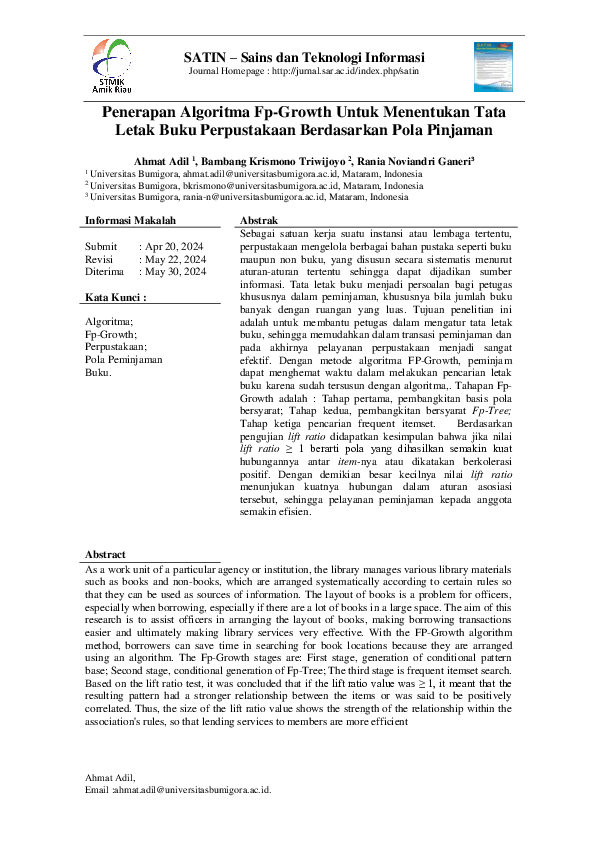 (PDF) Penerapan Algoritma Fp-Growth Untuk Menentukan Tata Letak Buku Perpustakaan Berdasarkan ...