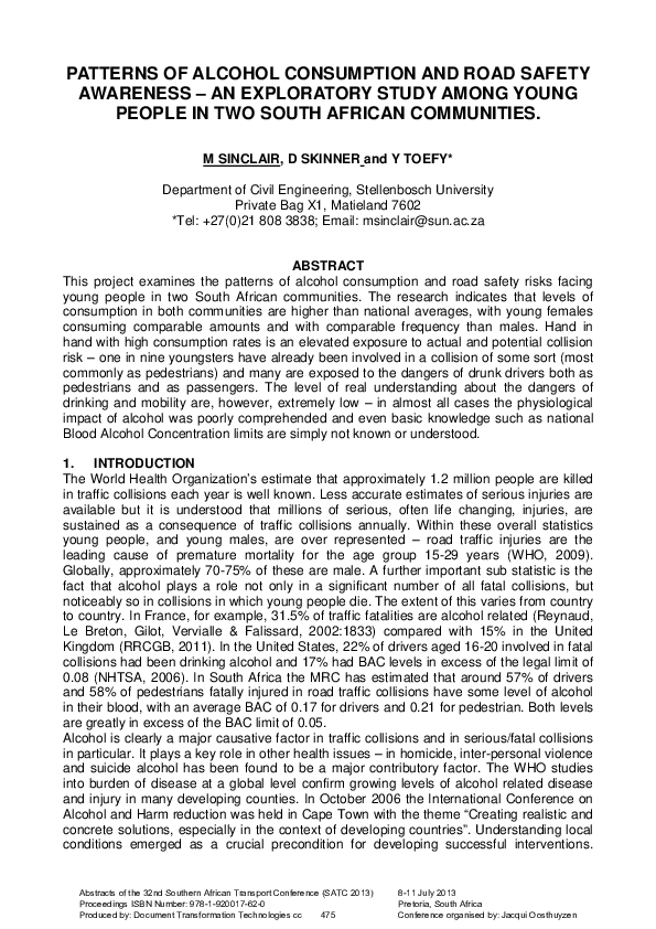 (PDF) Patterns of alcohol consumption and road safety awareness - an ...