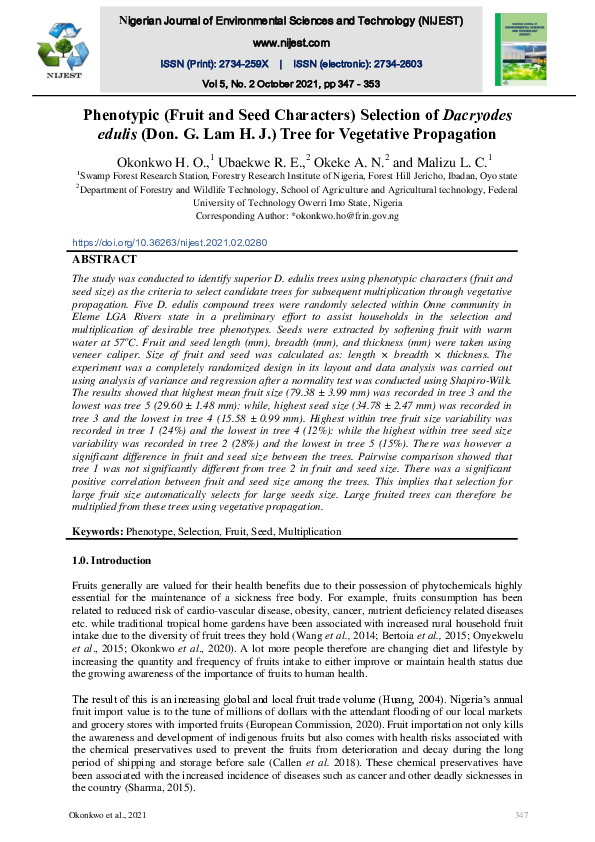 (PDF) Phenotypic (Fruit and Seed Characters) Selection of Dacryodes ...