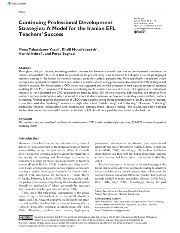 (PDF) Continuing Professional Development Strategies: A Model for the Iranian EFL Teachers’ Success