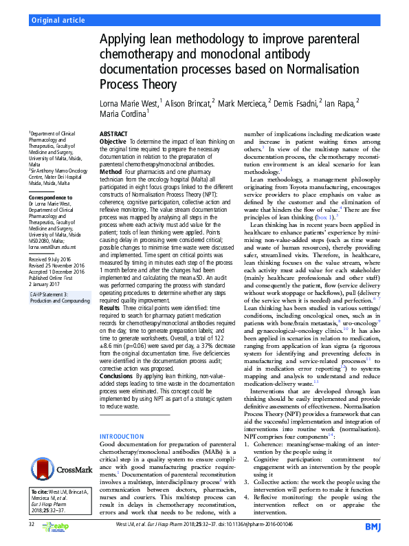 (PDF) Applying lean methodology to improve parenteral chemotherapy and ...