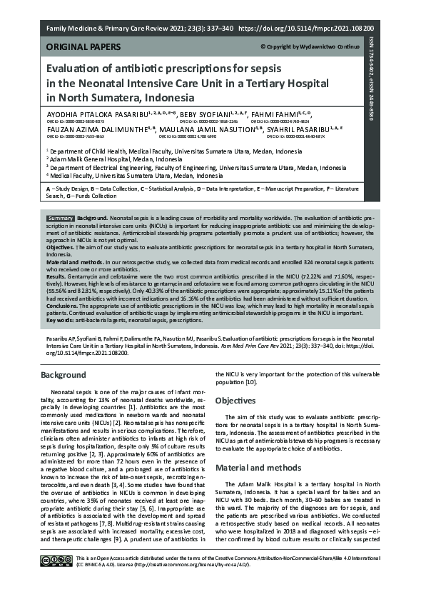 (PDF) Evaluation of antibiotic prescriptions for sepsis in the Neonatal ...