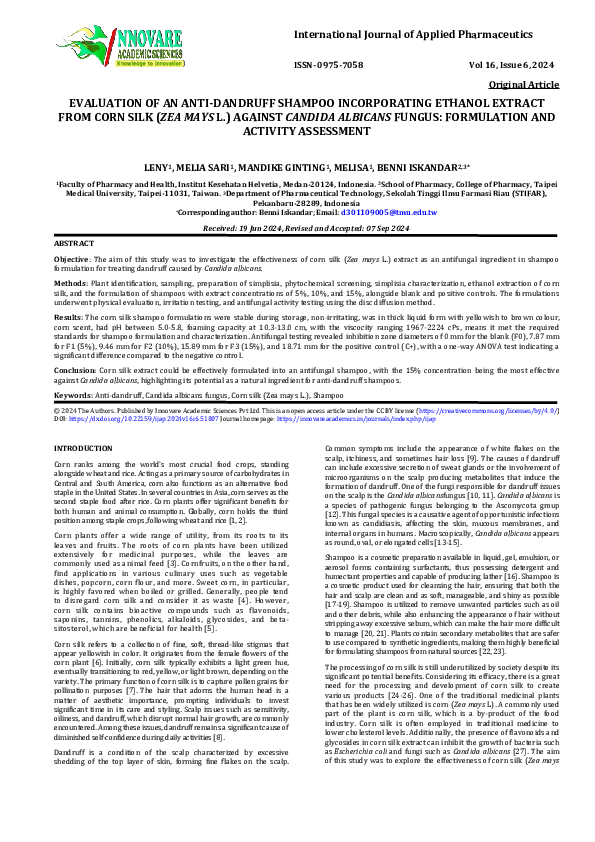 (PDF) EVALUATION OF AN ANTI-DANDRUFF SHAMPOO INCORPORATING ETHANOL EXTRACT FROM CORN SILK (ZEA ...