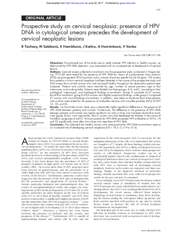 (PDF) Prospective study on cervical neoplasia: presence of HPV DNA in ...