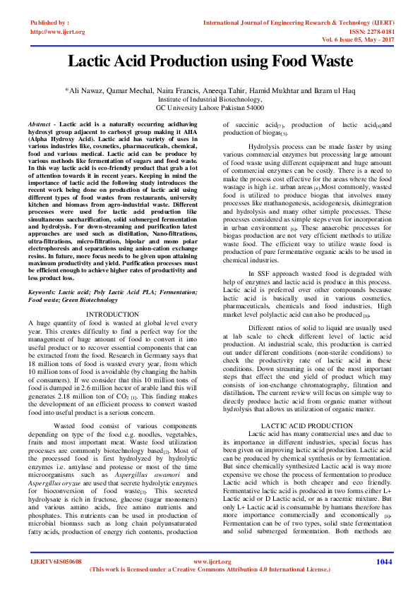 (PDF) Lactic Acid Production using Food Waste