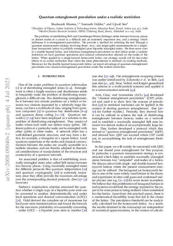 (PDF) Quantum entanglement percolation under a realistic restriction