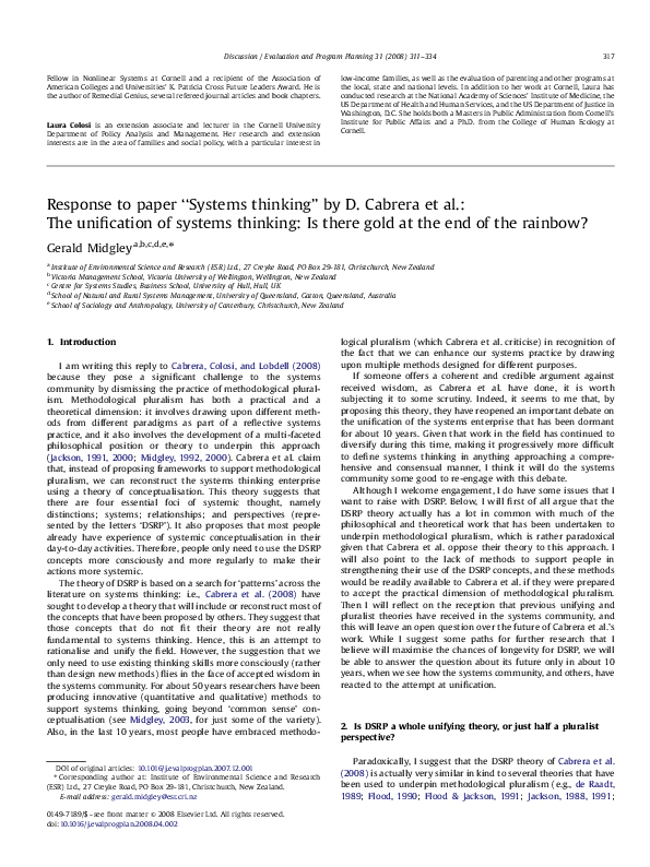 (PDF) Response to paper “Systems thinking” by D. Cabrera et al