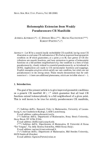 (PDF) Holomorphic Extension from Weakly Pseudoconcave CR Manifolds