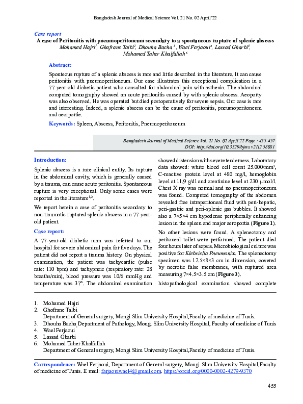 (PDF) A case of Peritonitis with pneumoperitoneum secondary to a ...