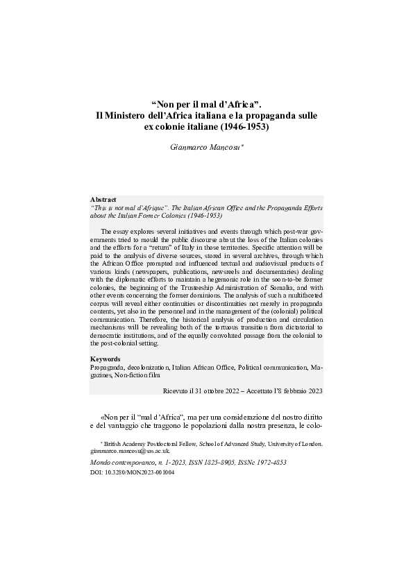 (PDF) GMancosu - "Non per il mal d'Africa". Il Ministero dell’Africa ...