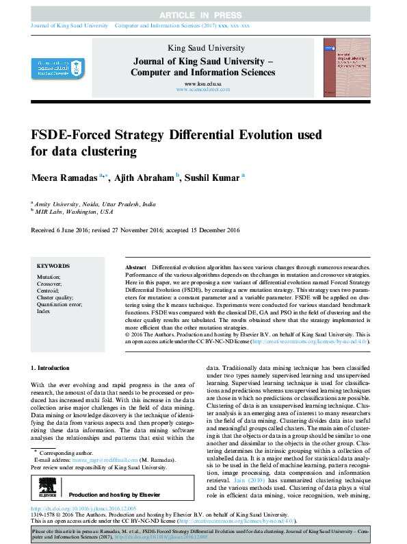 (PDF) FSDE-Forced Strategy Differential Evolution used for data clustering