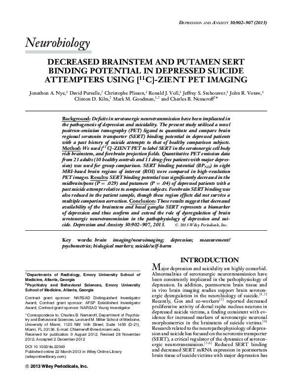 (PDF) Decreased Brainstem and Putamen Sert Binding Potential in ...
