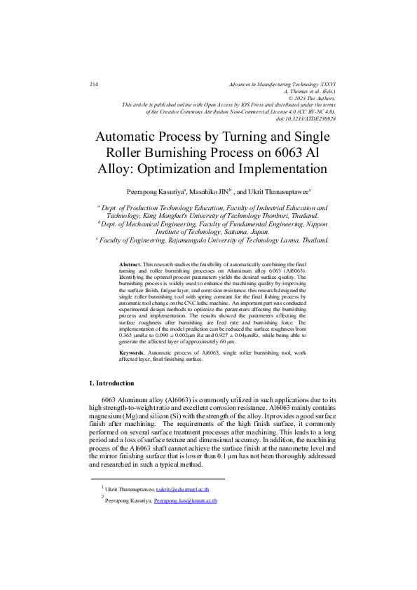 (PDF) Automatic Process by Turning and Single Roller Burnishing Process on 6063 Al Alloy ...
