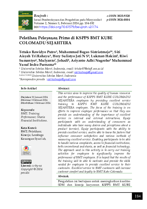 (PDF) Pelatihan Pelayanan Prima di KSPPS BMT KUBE COLOMADU SEJAHTERA