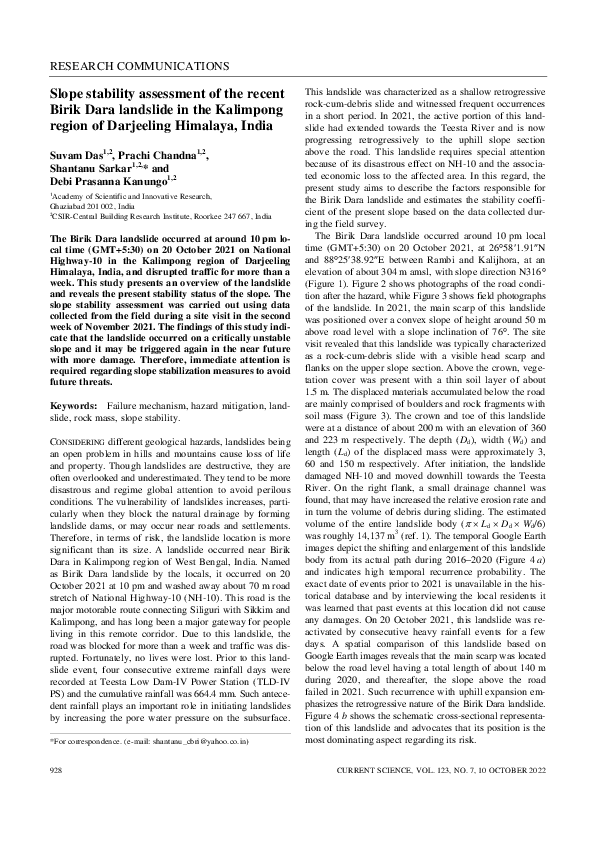 (PDF) Slope stability assessment of the recent Birik Dara landslide in the Kalimpong region of ...