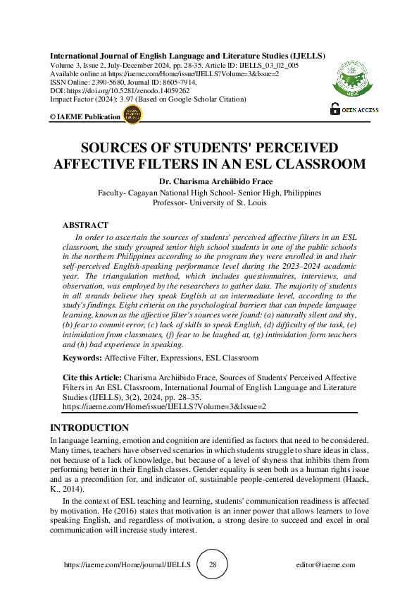 (PDF) SOURCES OF STUDENTS' PERCEIVED AFFECTIVE FILTERS IN AN ESL CLASSROOM