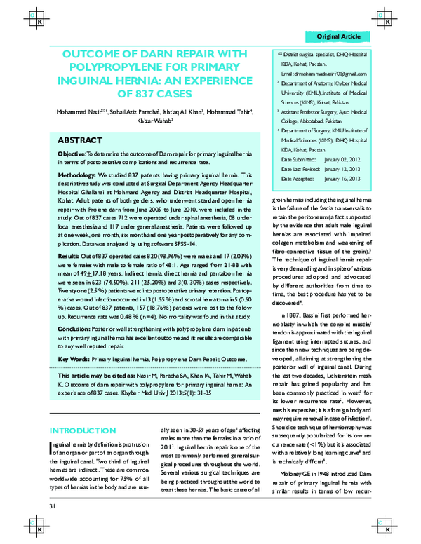 (PDF) Outcome of Darn Repair with Polypropylene for Primary Inguinal ...