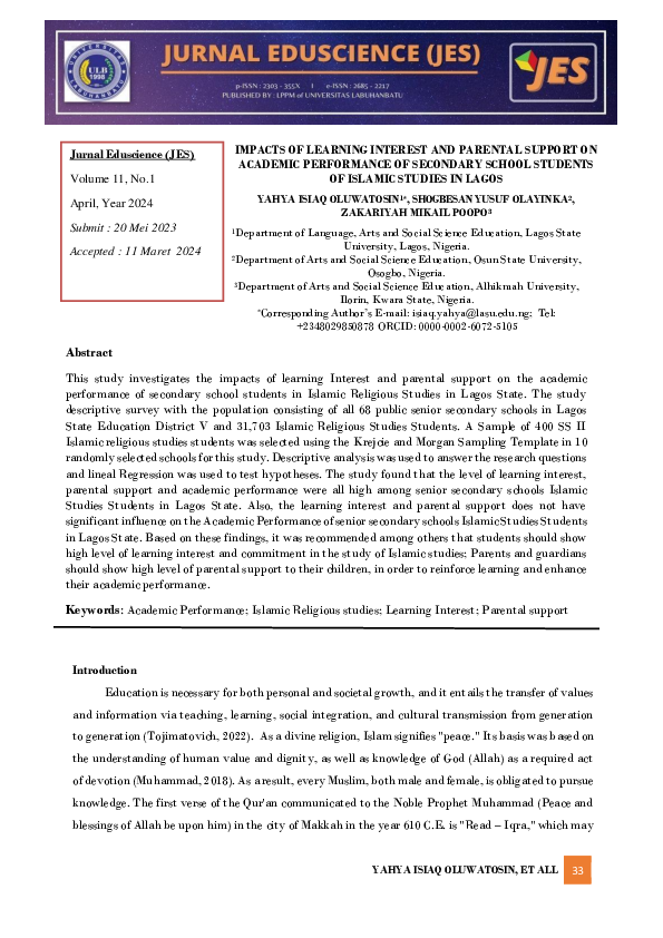 (PDF) Impacts of Learning Interest and Parental Support on Academic ...