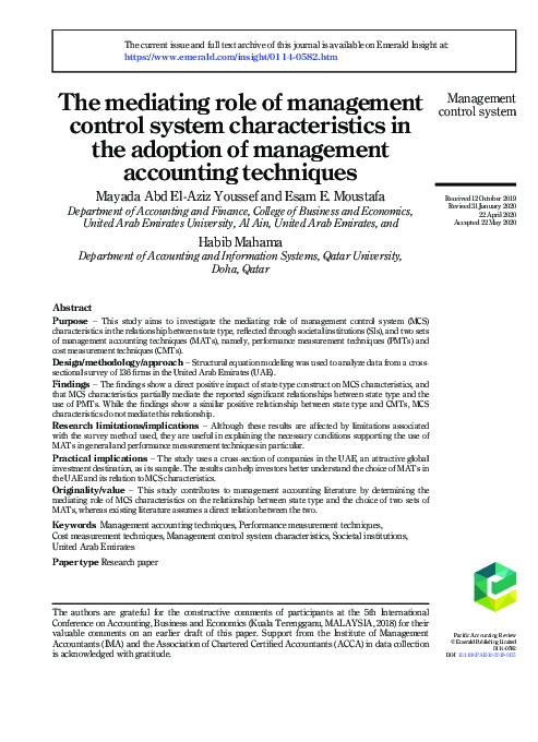 (PDF) The mediating role of management control system characteristics in the adoption of ...