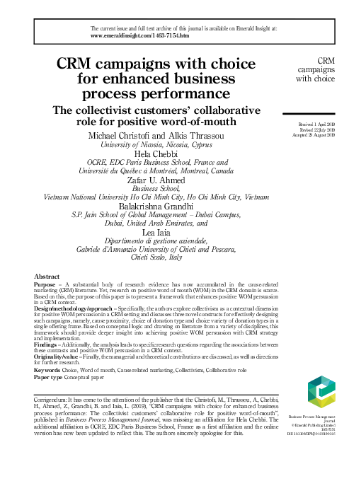 (PDF) CRM campaigns with choice for enhanced business process performance