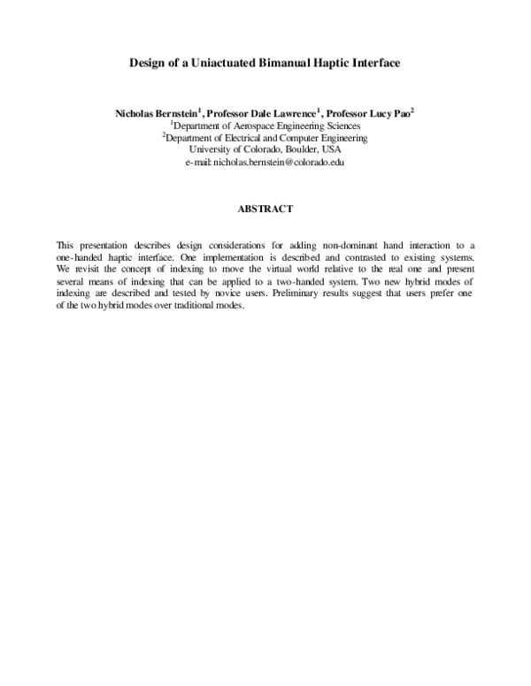 (PDF) Design of a uniactuated bimanual haptic interface